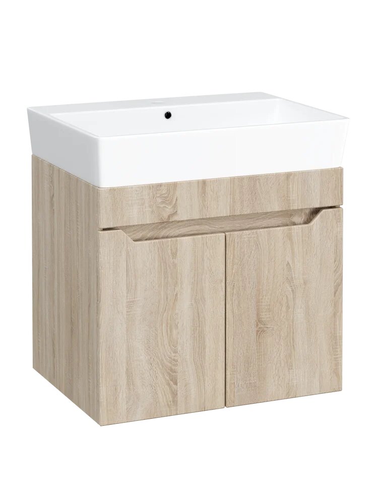Тумба с раковиной DIWO Архангельск 60 подвесная, 60 см, светлое дерево, матовая, из МДФ, с дверками, раковина для ванной фаянсовая, прямоугольная, встроенный слив-перелив, с сифоном