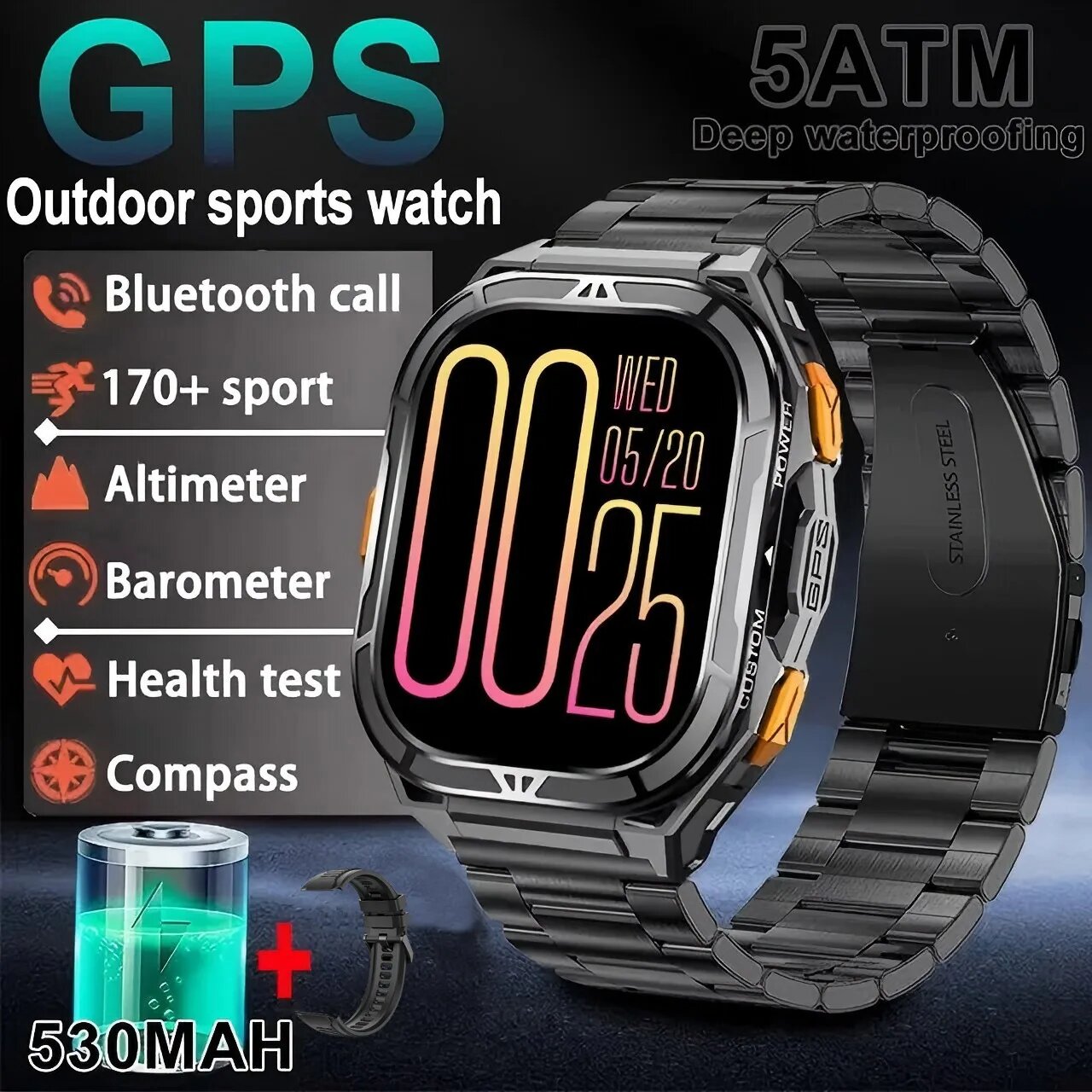 Xiaomi военные умные часы для мужчин GPS, Bluetooth, AMOLED экран Black Steel