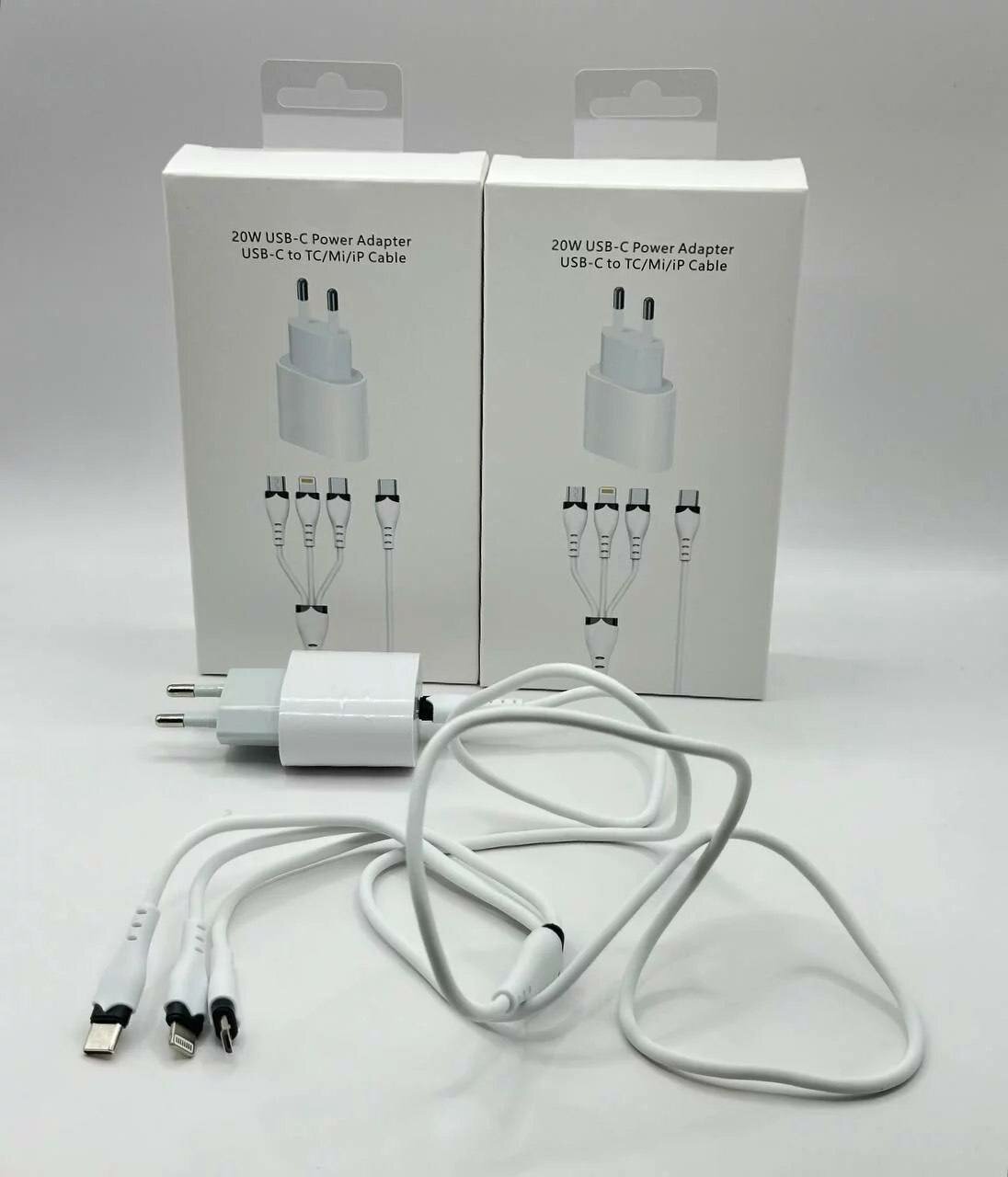 Зарядное устройство 3 в 1/Зарядка 20 W для iPhone, iPad, AirPods, Android/Кабель Type-C - Type-C, Lightning, Micro-USB