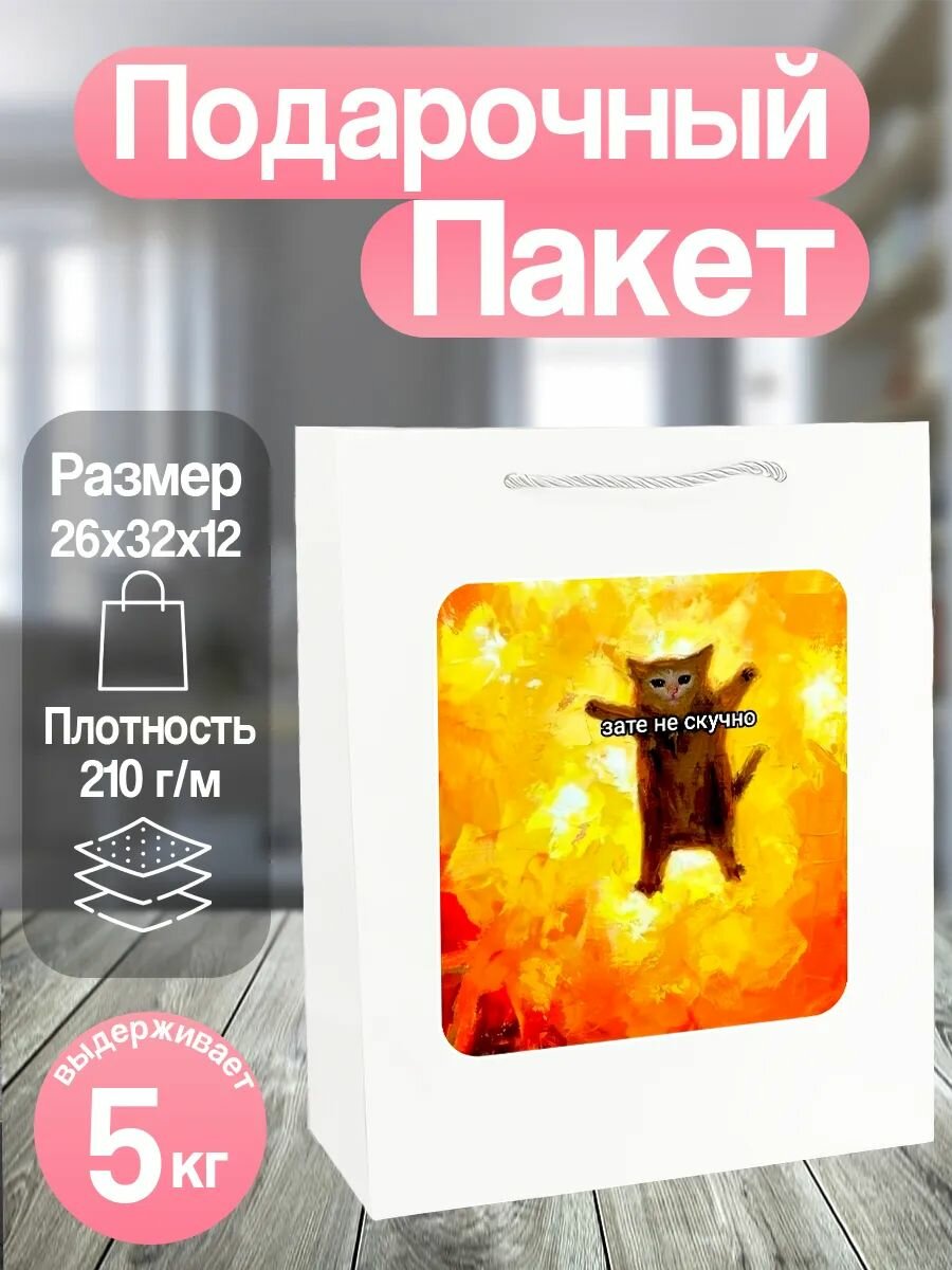 Пакет подарочный большой белый котики мем, упаковка для подарка, 26х31 см