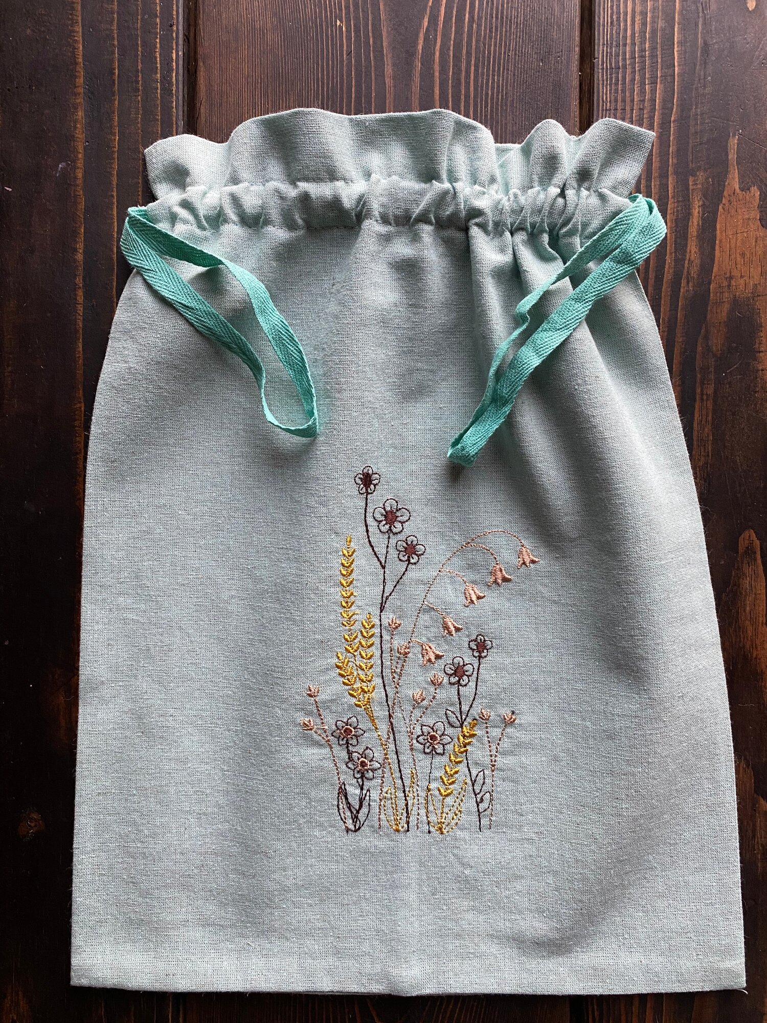 Мешочек из льна для хранения, цвет мята, цветы, 29*30 см.