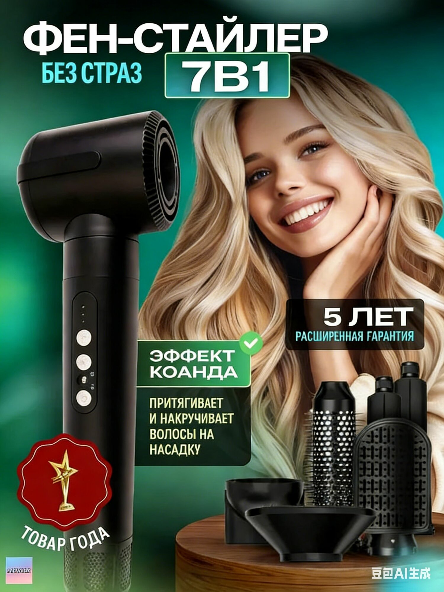 Фен-стайлер для волос 7 в 1 фен-щетка с насадками для объема, завивки и выпрямления