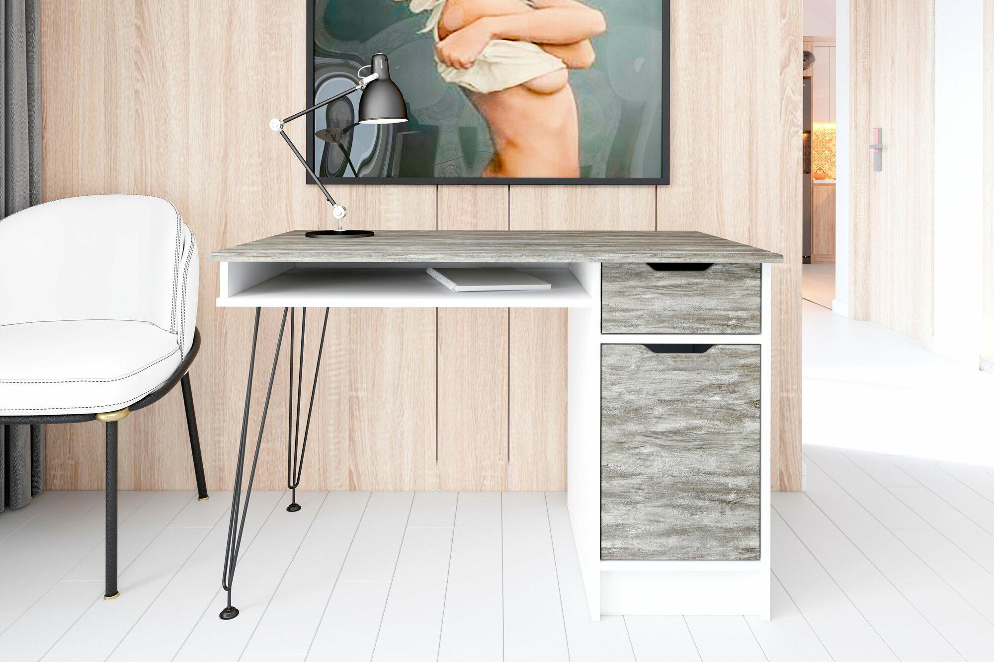 Стол письменный ВМФ Kraft, с тумбой и ящиком, белый - дуб винтаж графит, МДФ, ЛДСП, металл