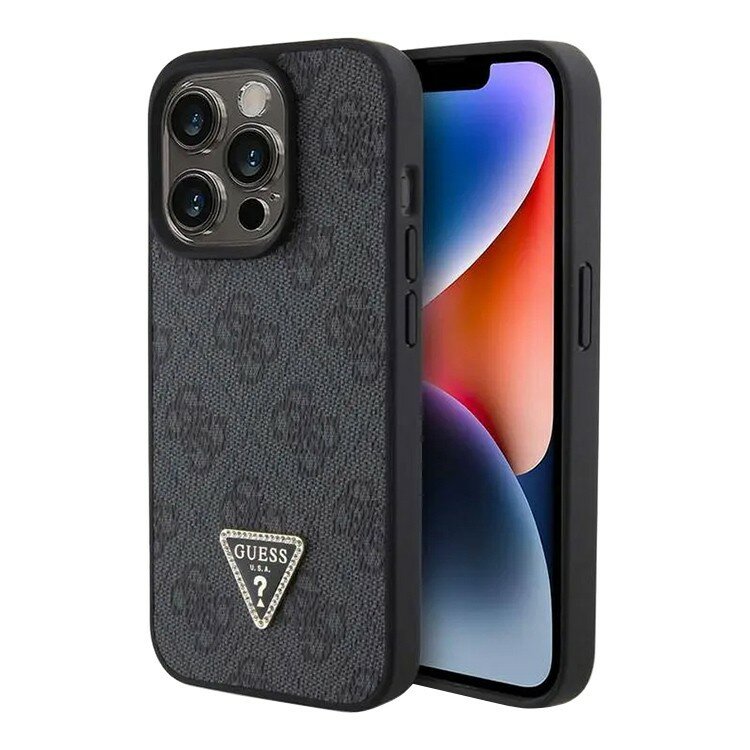 Guess чехол для iPhone 15 Pro, PU кожа 4G Triangle Logo Diamond черный