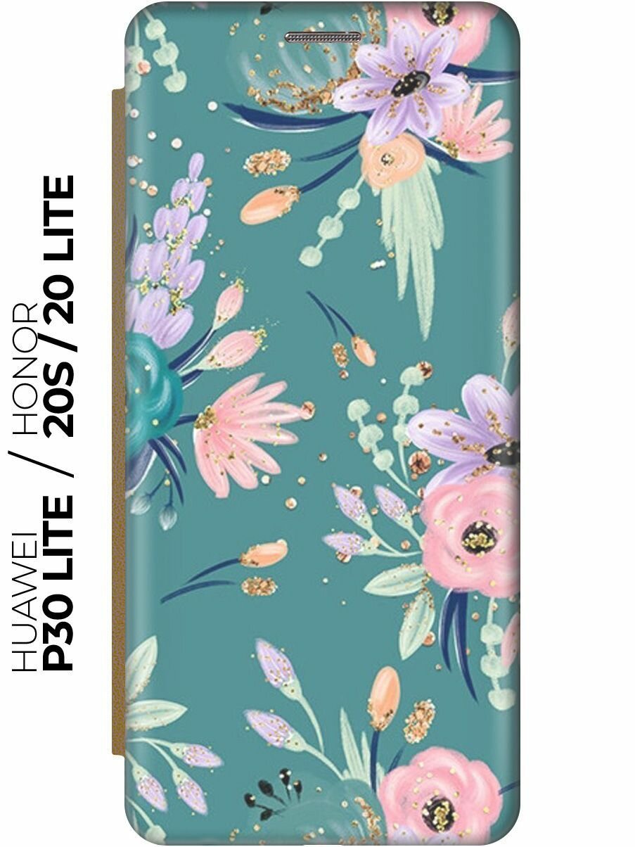 Чехол-книжка Цветы и золотые блестки на Honor 20 Lite / 20s / Huawei P30 Lite / Хуавей П30 Лайт / Хонор 20 Лайт / 20s золотой