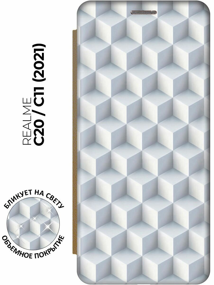 Чехол-книжка Паттерн из белых кубов на realme C20 / C11 (2021) / Рилми С20 / С11 (2021) с эффектом блика золотой