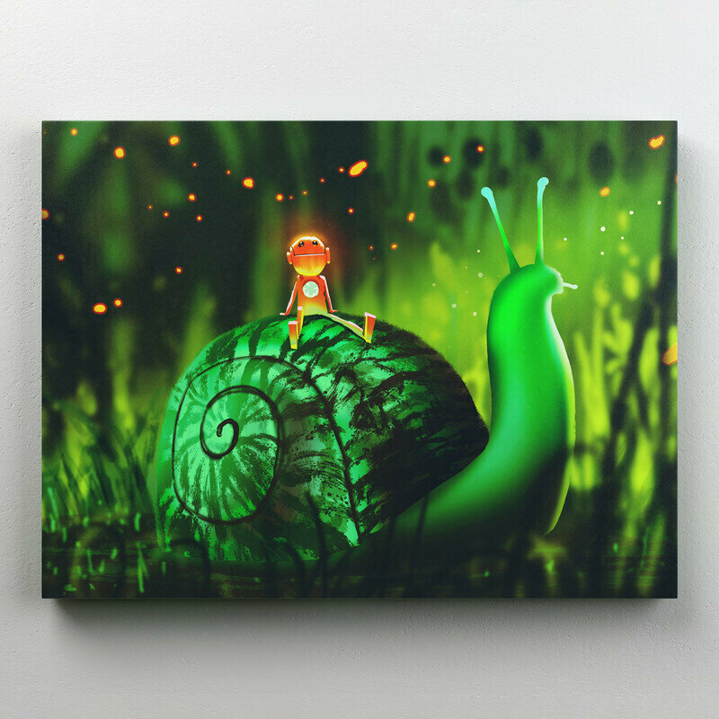 Интерьерная картина на холсте "Маленький работ сидит на улитке и наблюдает за угольками" размер 40x30 см