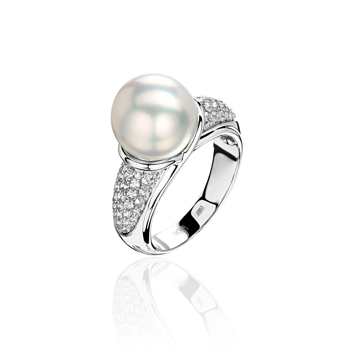 Кольцо, белое золото, 585 проба, родирование, бриллиант, жемчуг