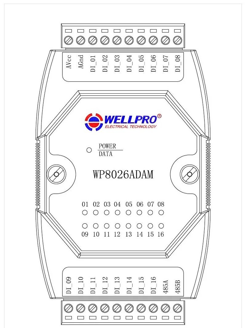 Модуль дискретного ввода Wellpro WP8026ADAM Modbus RTU RS-485. 16 цифровых входов