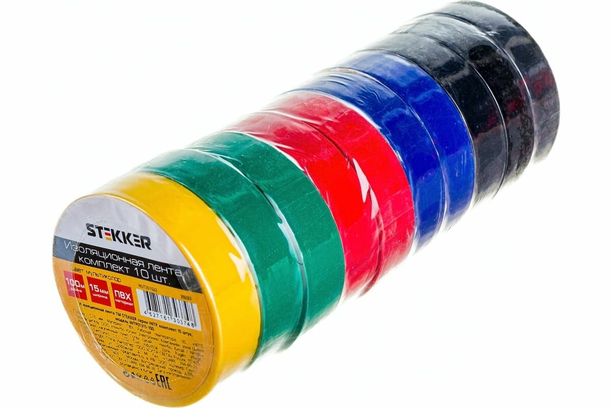 Изоляционная лента STEKKER 0,13x15 мм, 100 м, комплект 10 штук, мультиколор INTP01315-100 39289