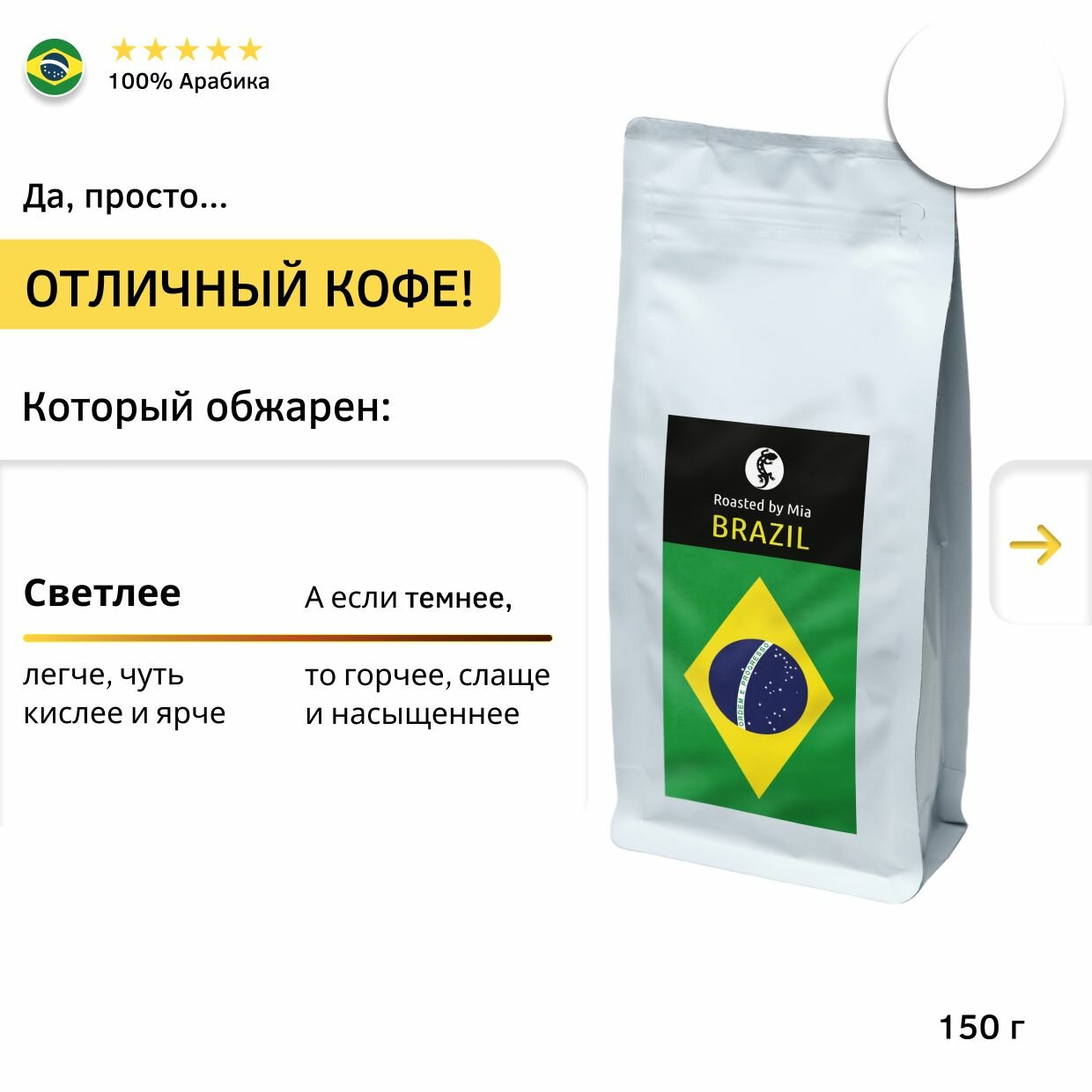 Кофе в зернах Арабика 150 г Roasted by Mia. Бразилия Светлая обжарка