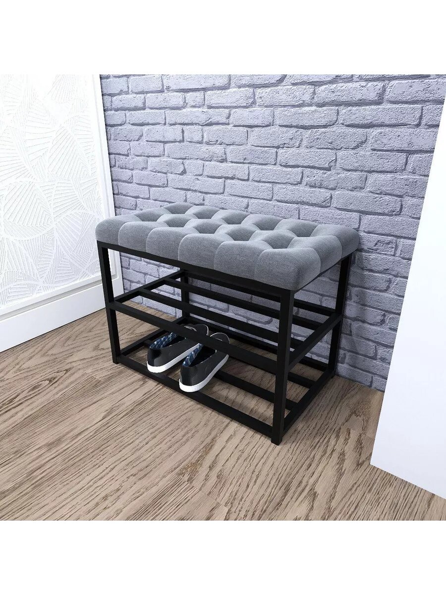 Обувница КМК в стиле Loft, велюр, чёрная и тёмно-серая, с мягким сиденьем