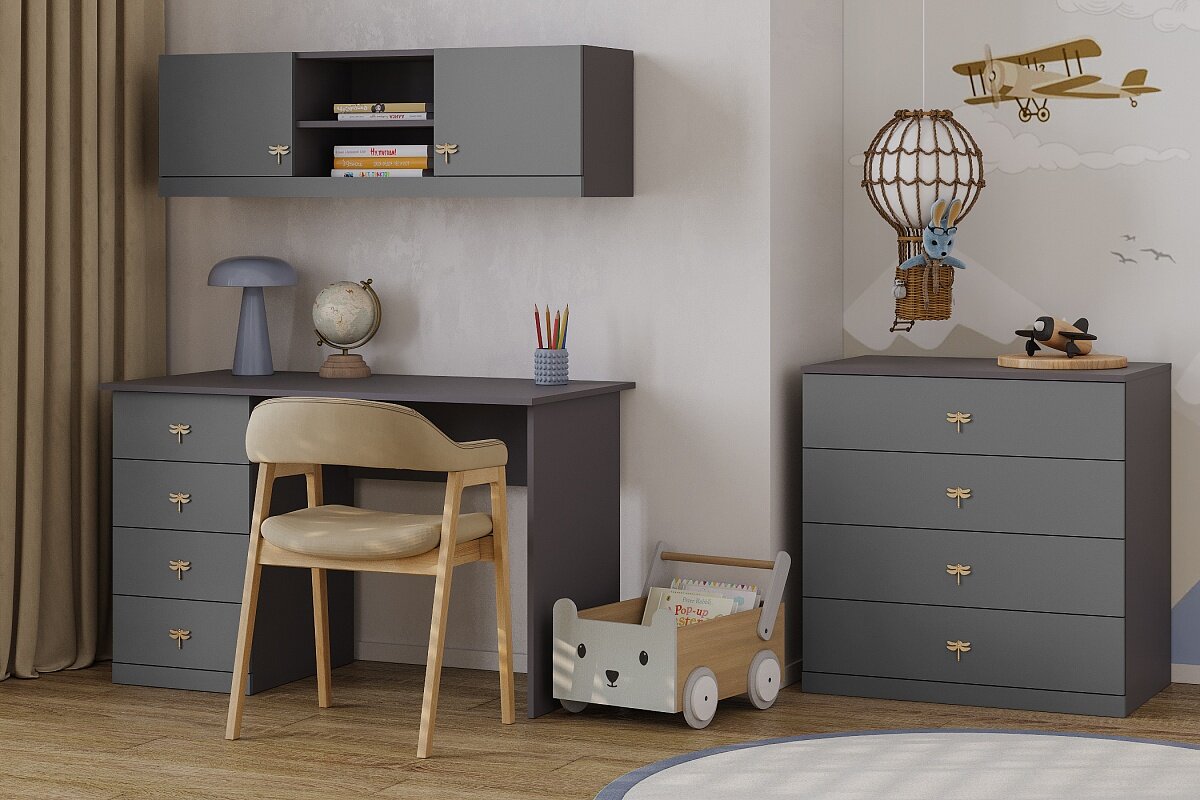 Детская стенка МебельЛэнд24 Стрекоза - 3 МДФ Графит 200x60x80 серый с комодом со столом