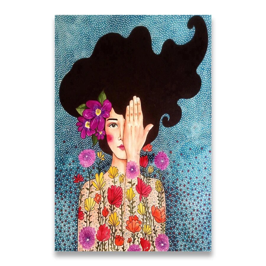 Живопись на холсте "Девушка в цветах", 50x75см, Бирюзовый