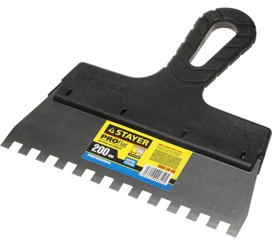 Нержавеющий зубчатый шпатель с пластмассовой ручкой, 200мм, зуб 8х8мм STAYER