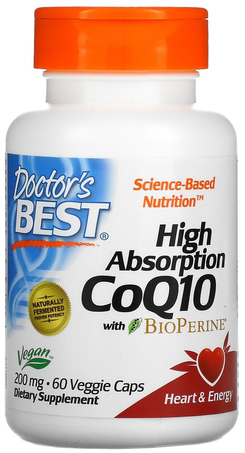 Doctor's Best, CoQ10 with Bioperine, высокоусвояемый коэнзим Q10 с биоперином, 200 мг, 60 растительных капсул