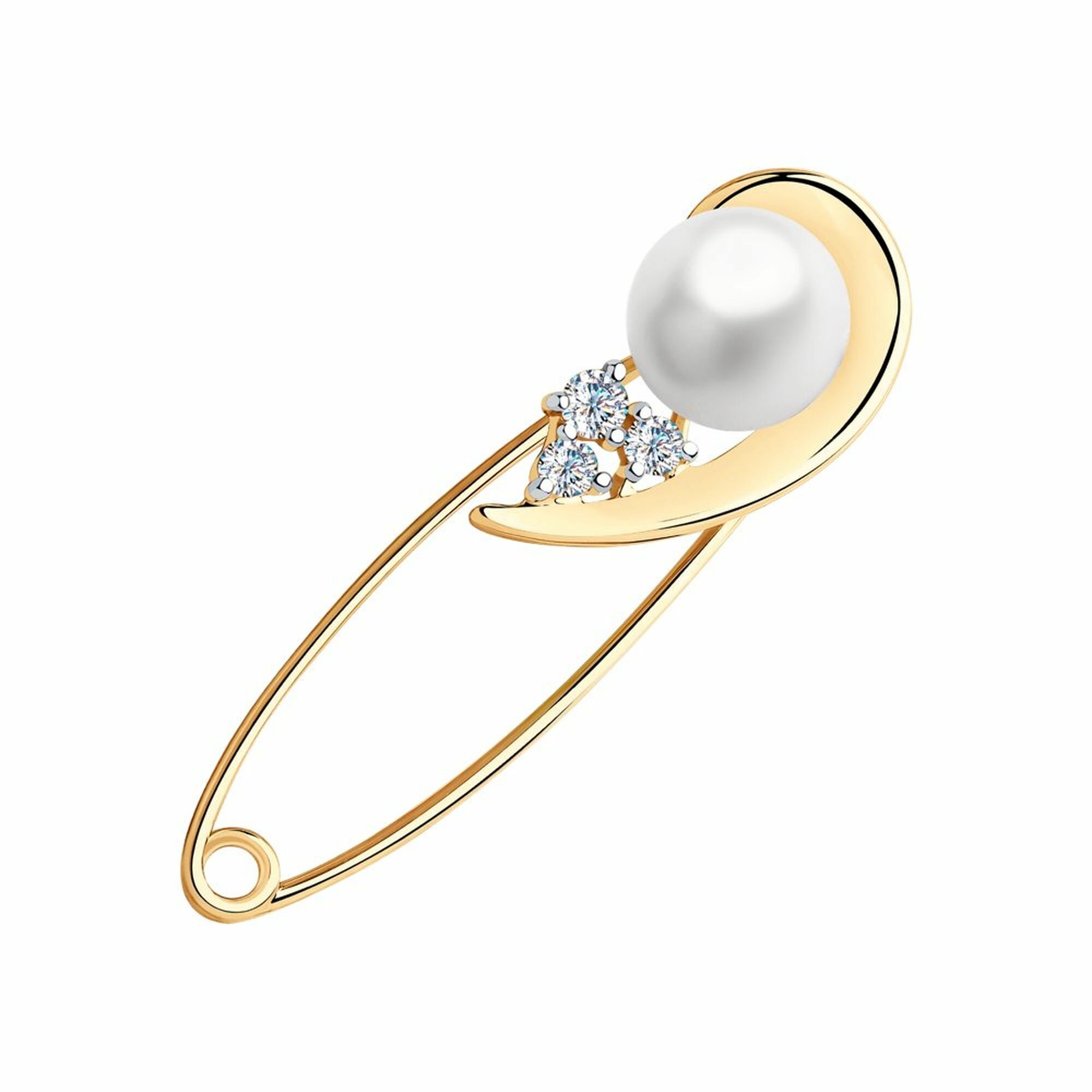 Брошь, красное золото, 585 проба, жемчуг, фианит