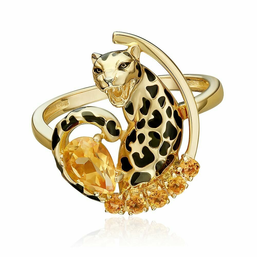 Кольцо, желтое золото, 585 проба, цитрин, эмаль