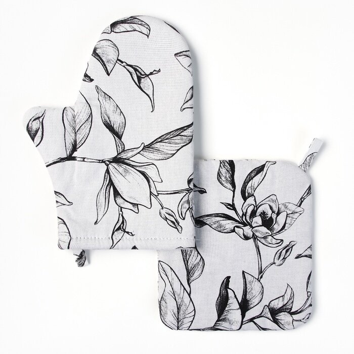 Кухонный набор Доляна Plant leaves: варежка 20×27 см, прихватка 19×19 см, 100% хлопок, 250 г/м²