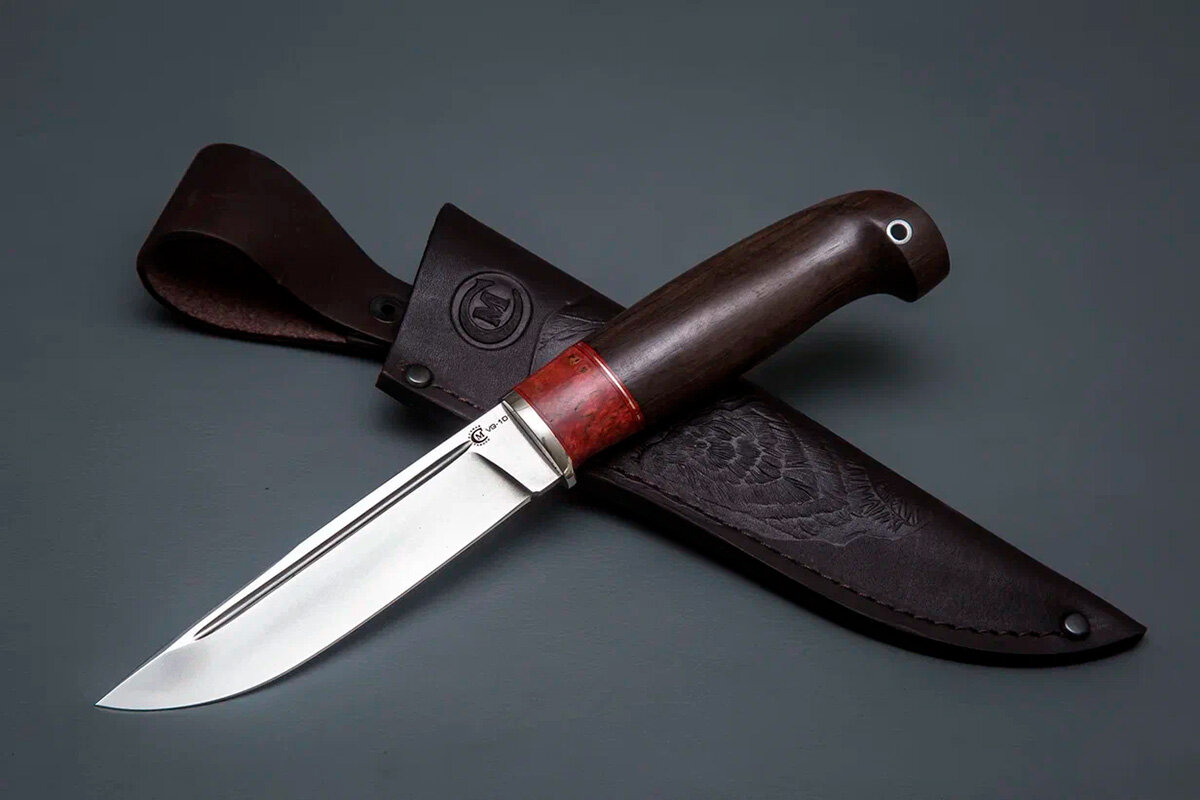 Нож из стали VG-10 «Пуукко», рукоять литье мельхиор, вставка стабилизированная карельская береза, черный граб