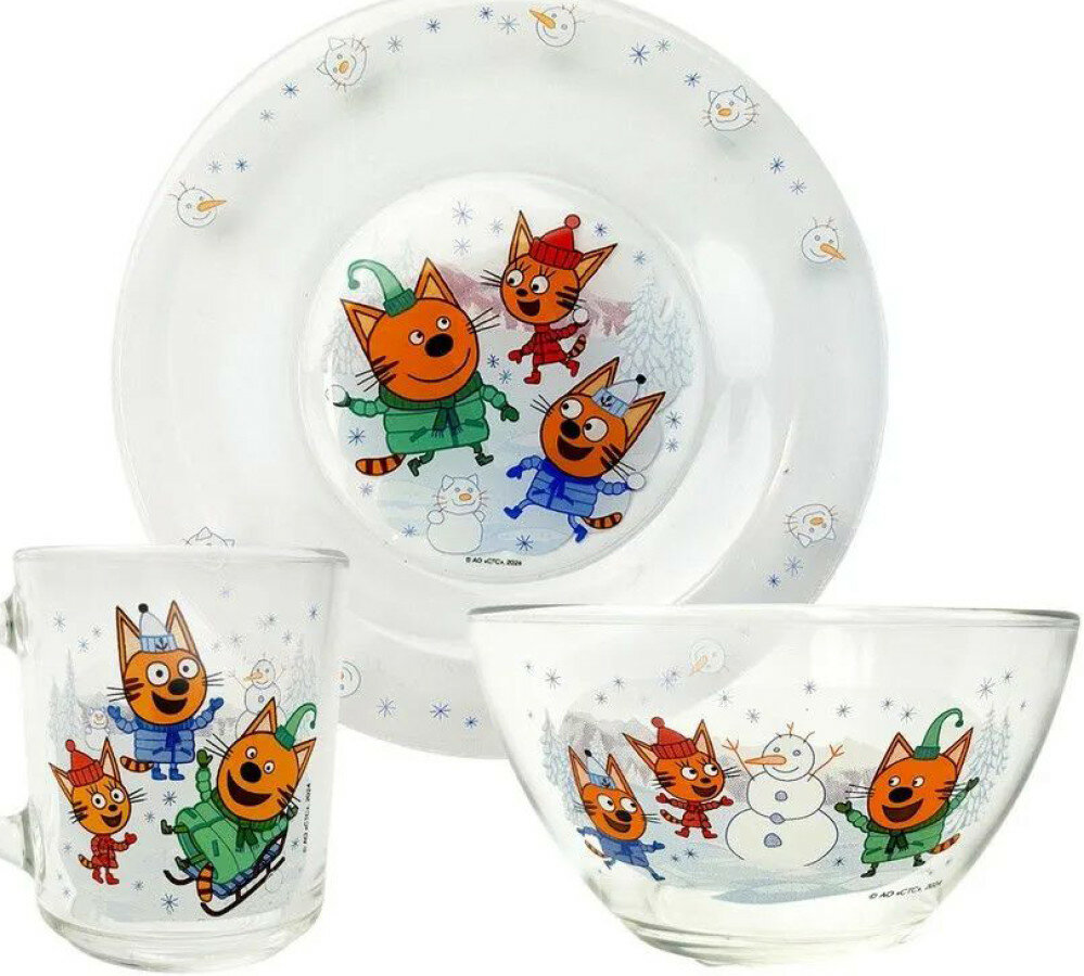 Набор посуды Три кота: Зимние каникулы – Веселые снеговики спец-серия (3 предмета / стекло)