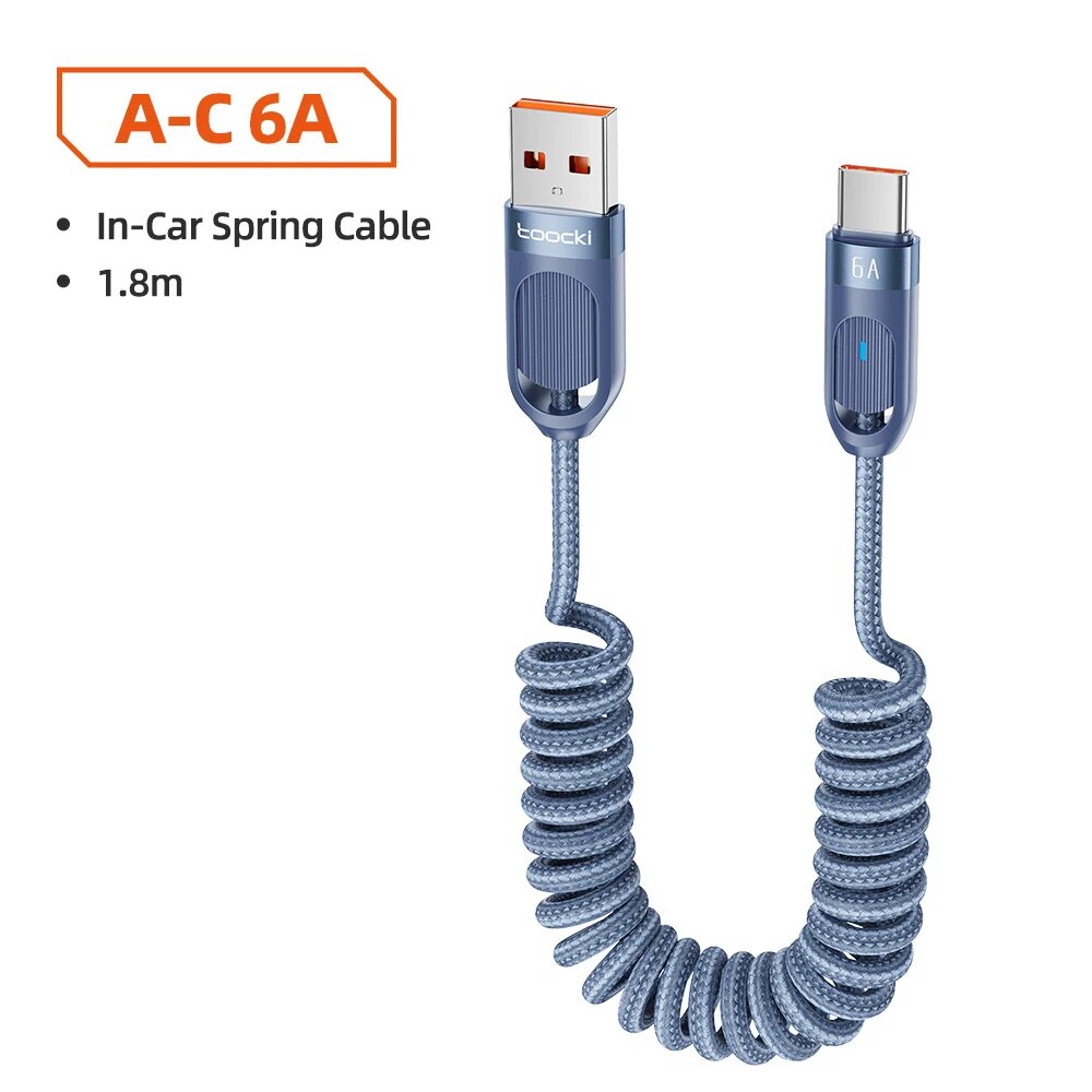 Toocki Кабель USB Type-C 6A, 1.8м, Пружинный, 2 шт