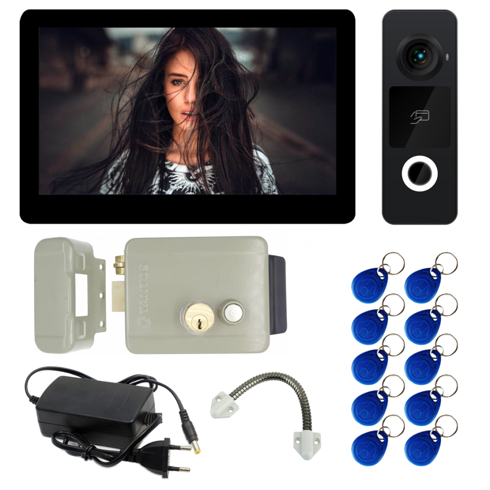 Комплект видеодомофона Tantos NEO HD SE Tuya WiFi (черный) с замком на калитку и бесконтактными ключами (панель графит)