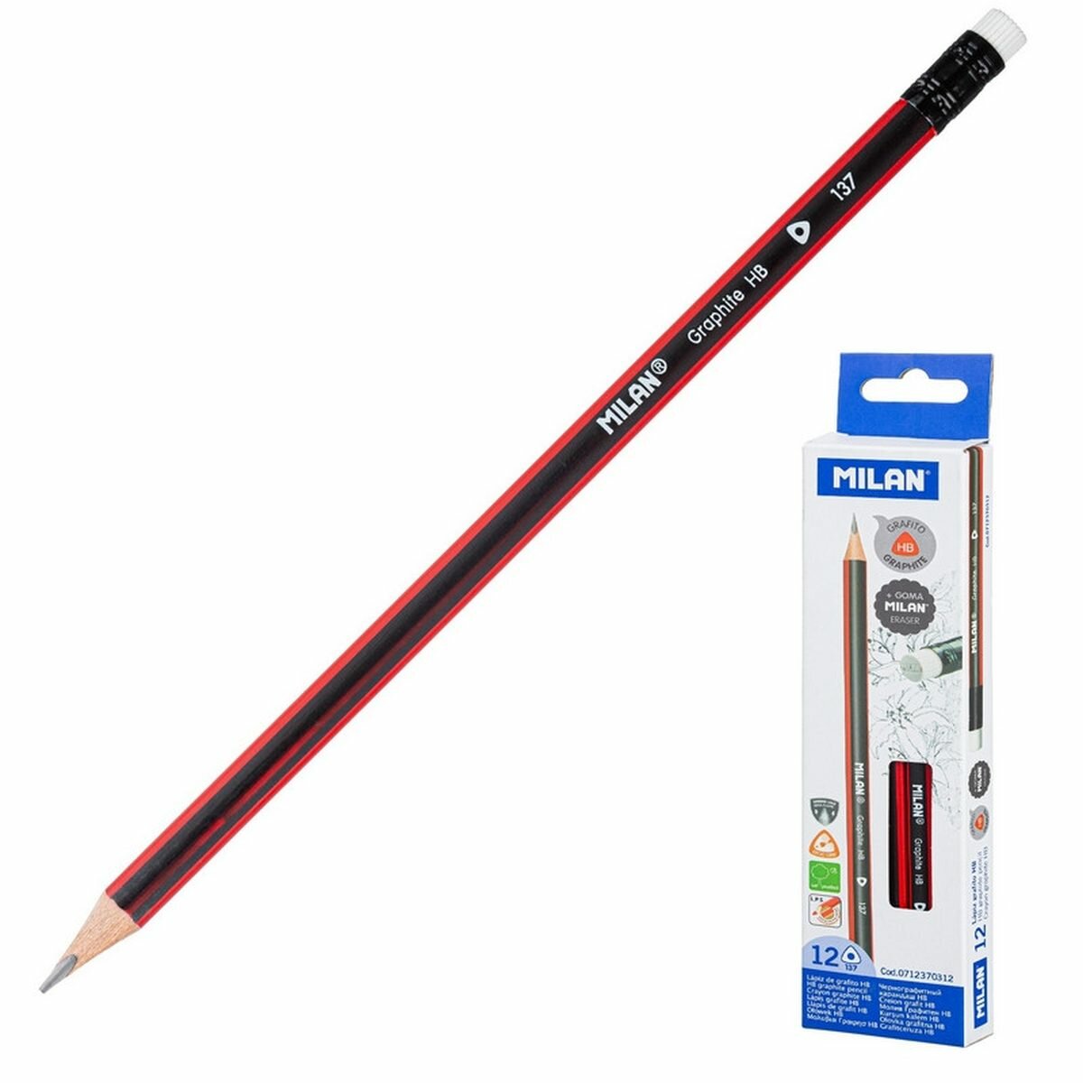 Чернографитные карандаши HB с трехгранным ластиком, 12 штук в упаковке MILAN Испания