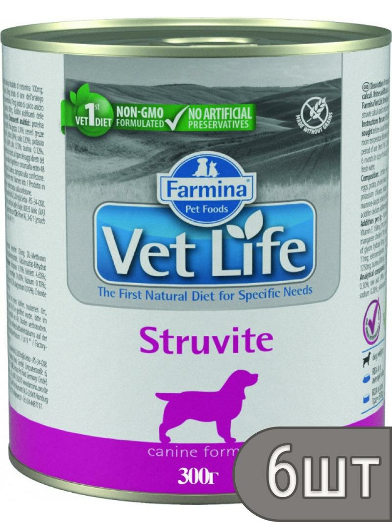 Farmina Набор 6 шт Vet Life консервы для собак струвит (паштет), 300г 1.8 кг