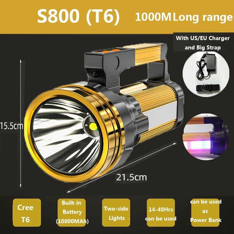 100 лм, 1000 Вт, фонарь дальнего действия м, мощный поисковый фонарь, портативный Точечный светильник с босветильник щением, перезаряжаемый фонарь для кемпинга S800 T6