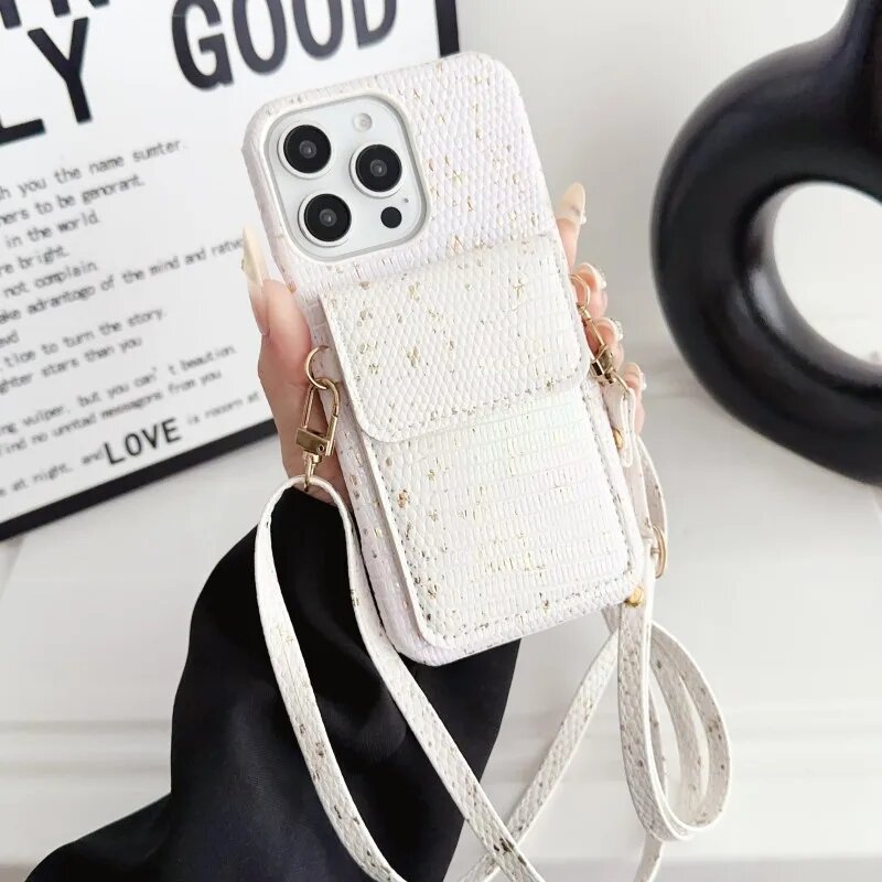 Чехол-кошелек со шнурком для iPhone 16 15 14 Pro Max 11 12 13 15 Pro X XR XS 7 8 Plus, сумка через плечо с ремешком Crystal Lizard Design Cover white, for iPhone 14ProMax