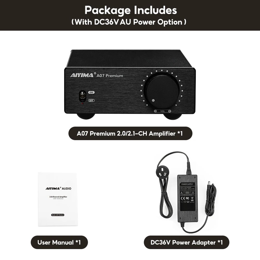 Aiyima A07 Premium 2.0/2.1-CH Amplifier, With 32V 5A AU Plug