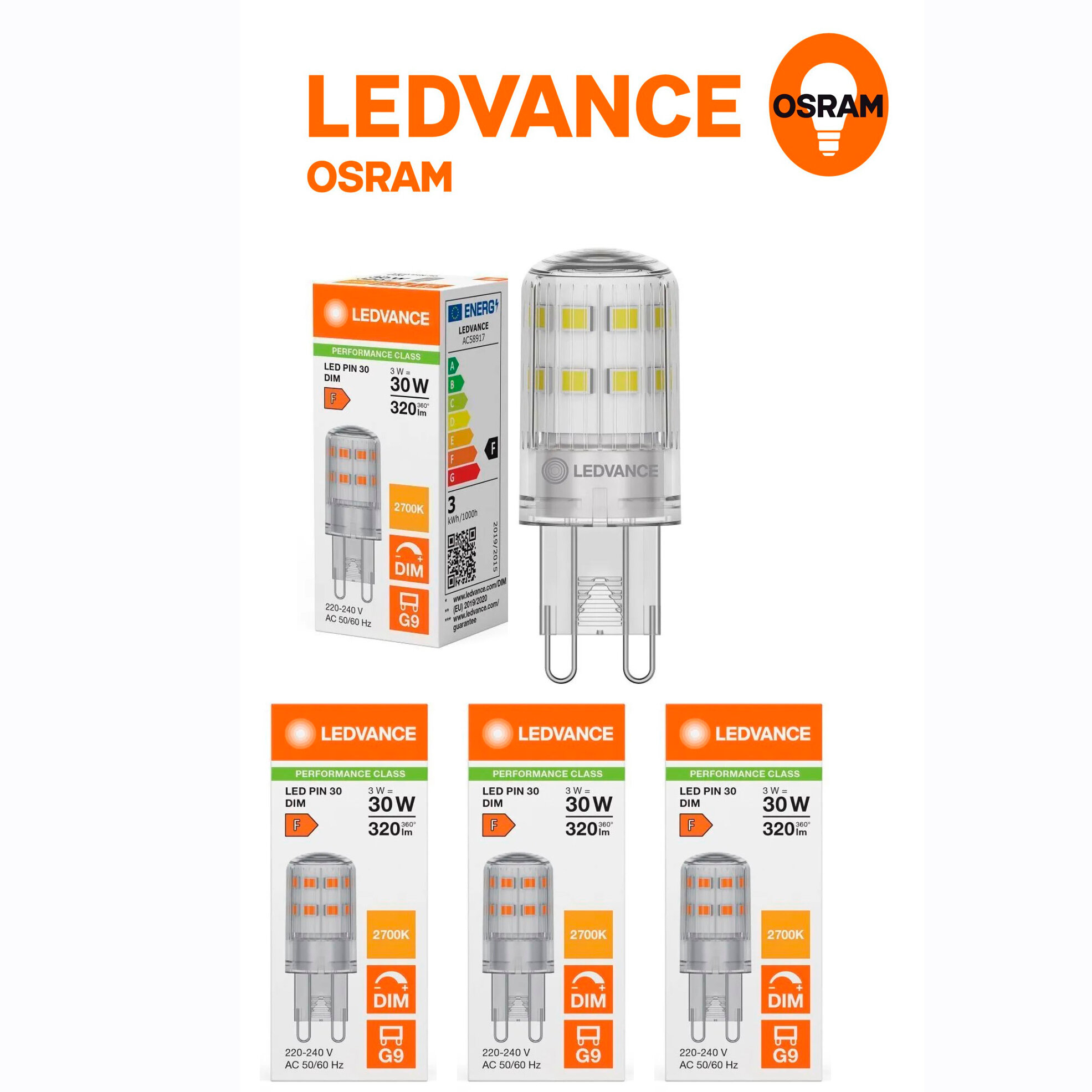 3шт/уп. Лампа LED Капсула 3W 230V G9 PIN DIM Диммируемая 320Лм d18x49 Угол 360 град. 2700К Свет Теплый белый LEDVANCE-OSRAM, уп. 3шт