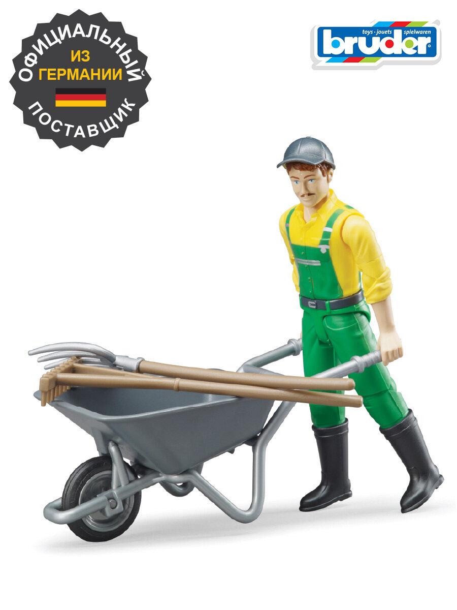 Брудер, Фигурка Bruder "Фермер с тележкой и аксессуарами" высота 10 см, 62-610