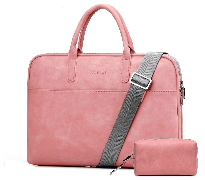 Сумка-портфель MyPads M933 для ноутбука из качественной искусственной кожи женская модная красивая с ручкой для переноски и с ремнем через плечо + сумочка для аксессуаров розового цвета (15.6/ 16.0" дюймов)