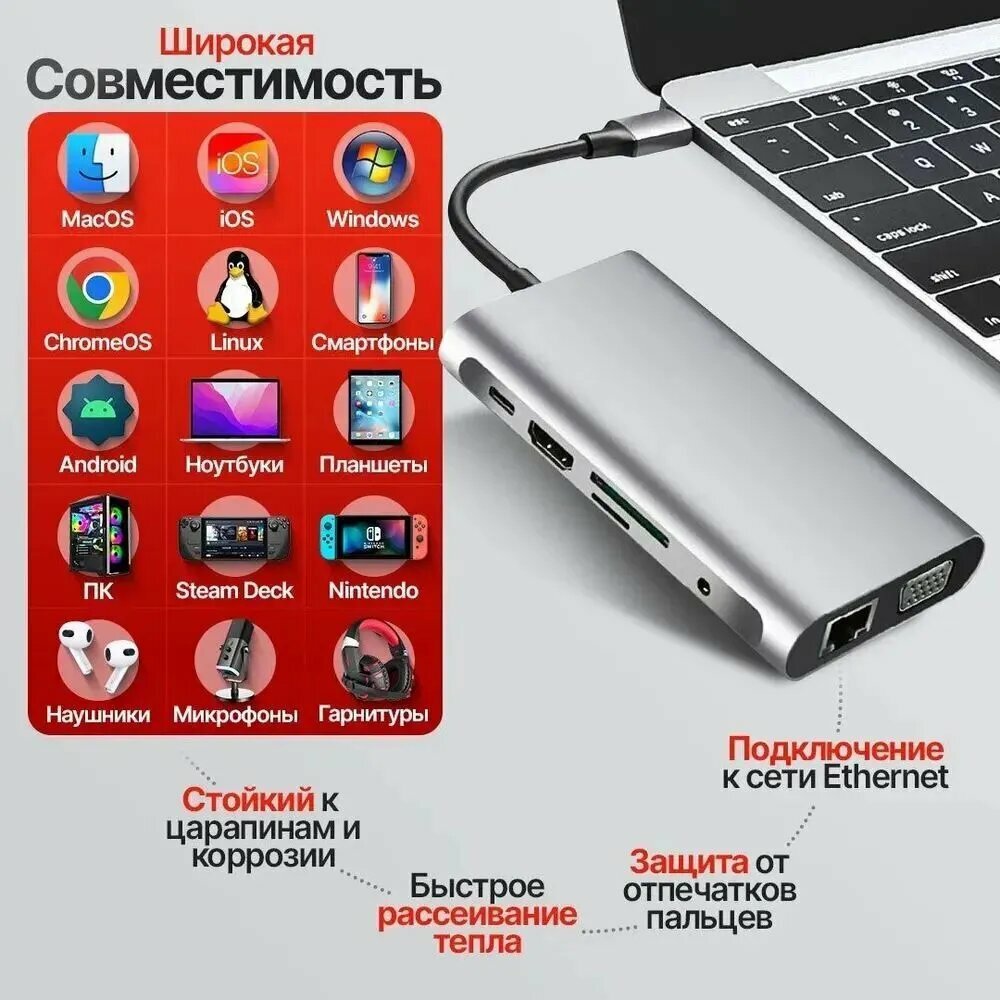 Переходник 11-в-1 I768, для ноутбука, планшета, телефона, с портом Type-C
