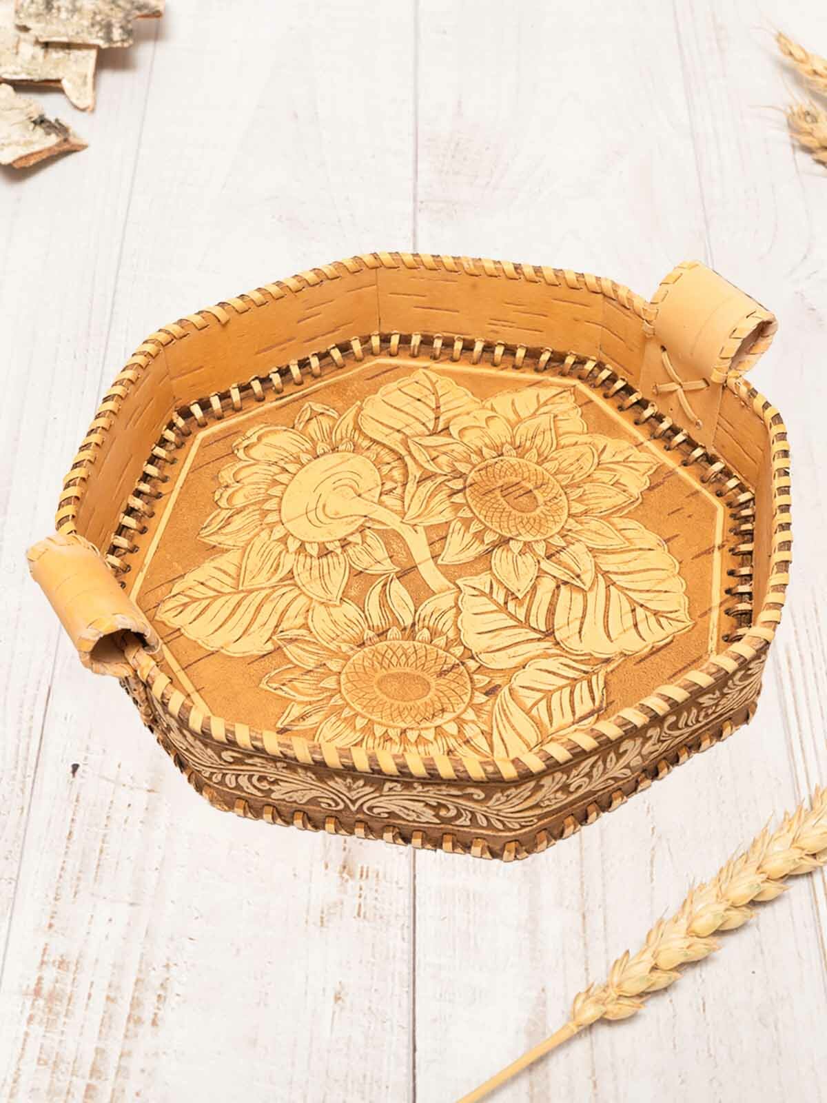 Тарелка - Сухарница Подсолнух, Ромб, береста, 28х25х7 см