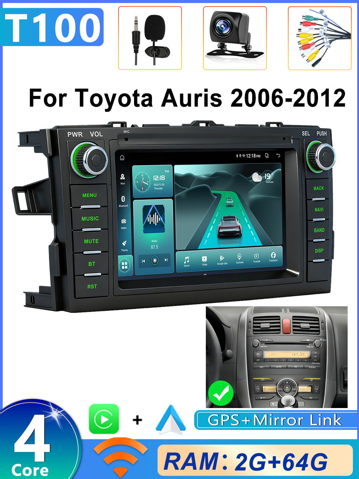 Автомагнитола Toyota auris e150 corolla 2006-2012 2+64 CarPlay Android Auto 2 DIN WiFi BT/навигатор/USB Android сенсорный экран