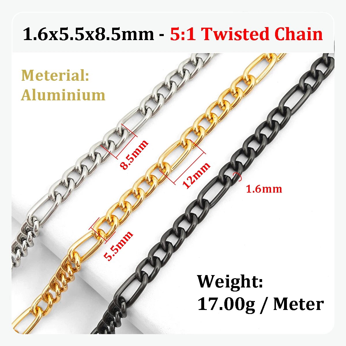 Витая цепочка из алюминия 1.6x5.5x8.5mm, серебряного цвета, 1 метр