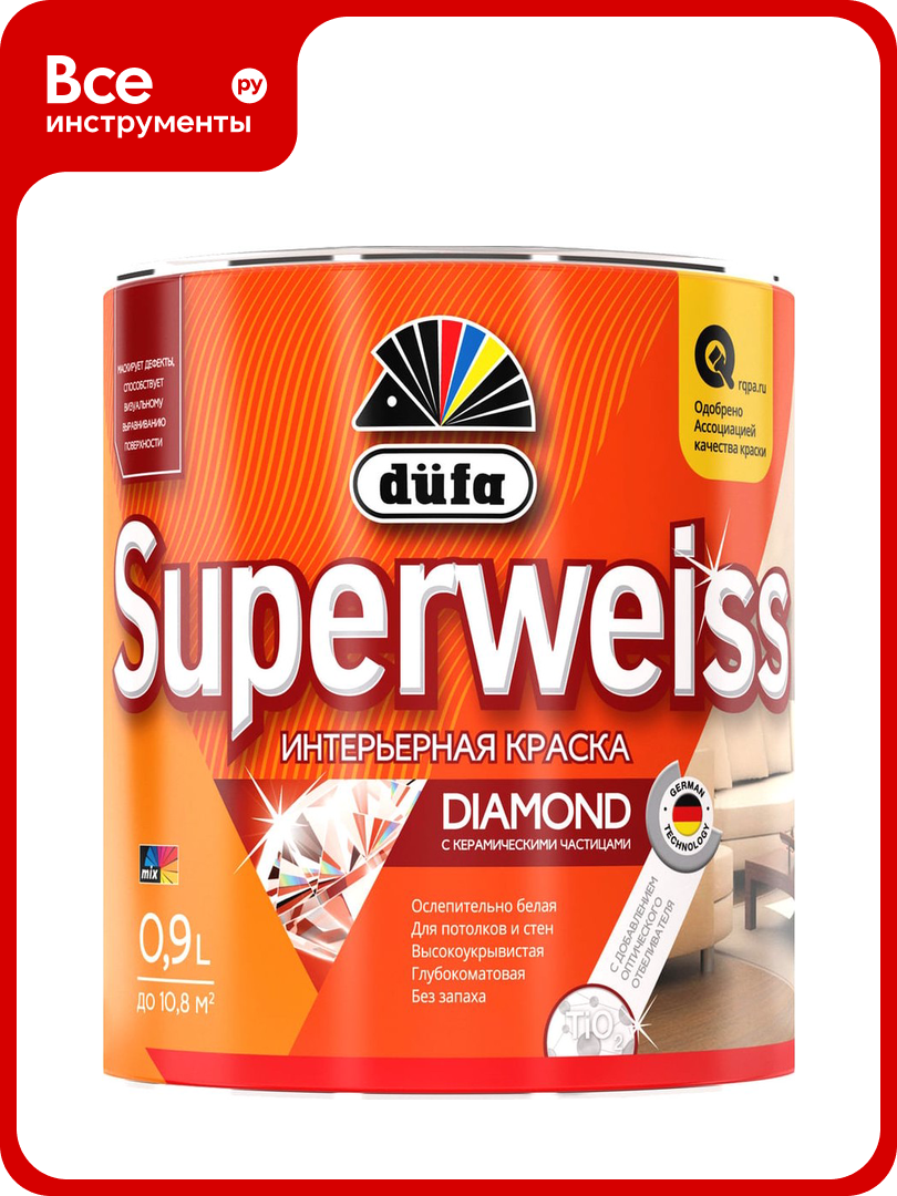 Краска Dufa SUPERWEISS RD4 ВД, белый, 0.9 л МП00-009513, Нанесение без брызг и потеков
