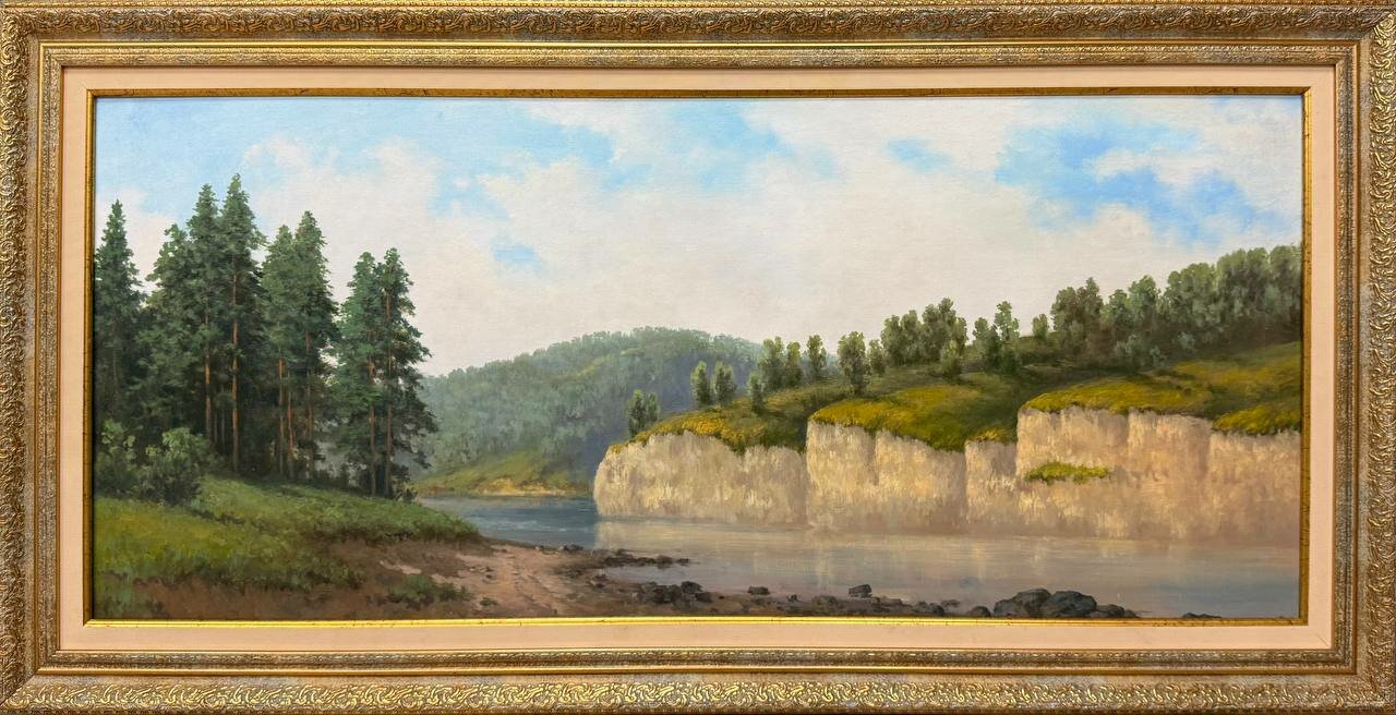 Картина, летний пейзаж "Утёсы и река". Холст/Масло. Размер 40х80 см. Автор Елатникова Наталья