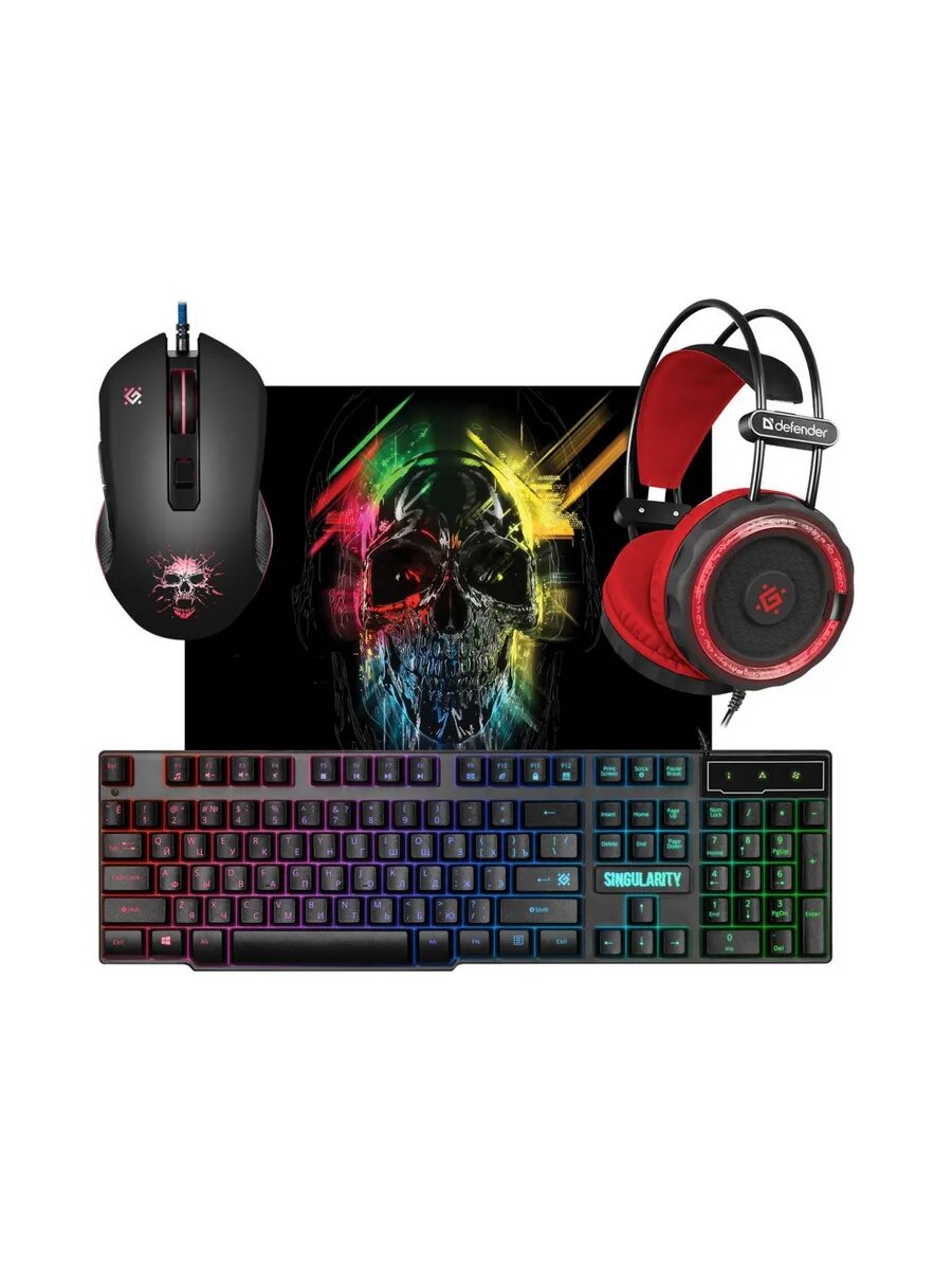 Клавиатура + мышь DEFENDER SINGULARITY MKP-118 (52118), гарнитура, коврик, для геймеров