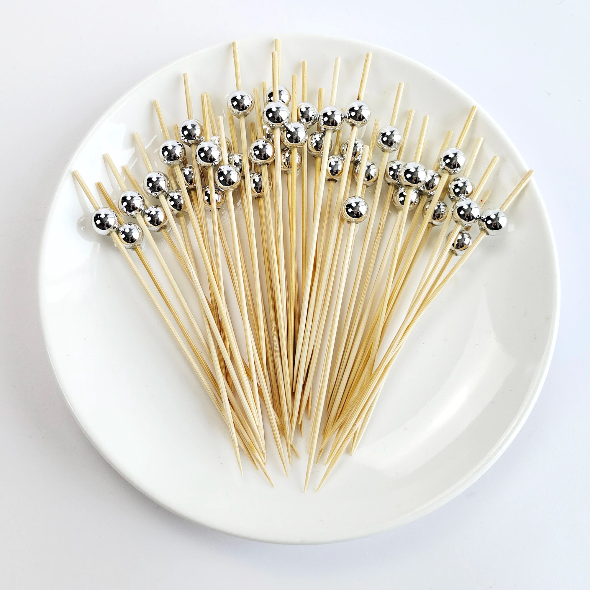 Одноразовые бамбуковые шампуры с жемчугом Черный, 100pcs, Серебряный, silver