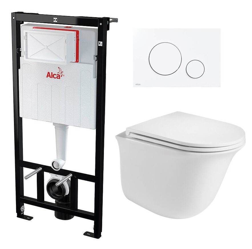 Комплект 3 в 1 инсталляция AlcaPlast + Подвесной унитаз WeltWasser Telbach 004 GL-WT + кнопка белая