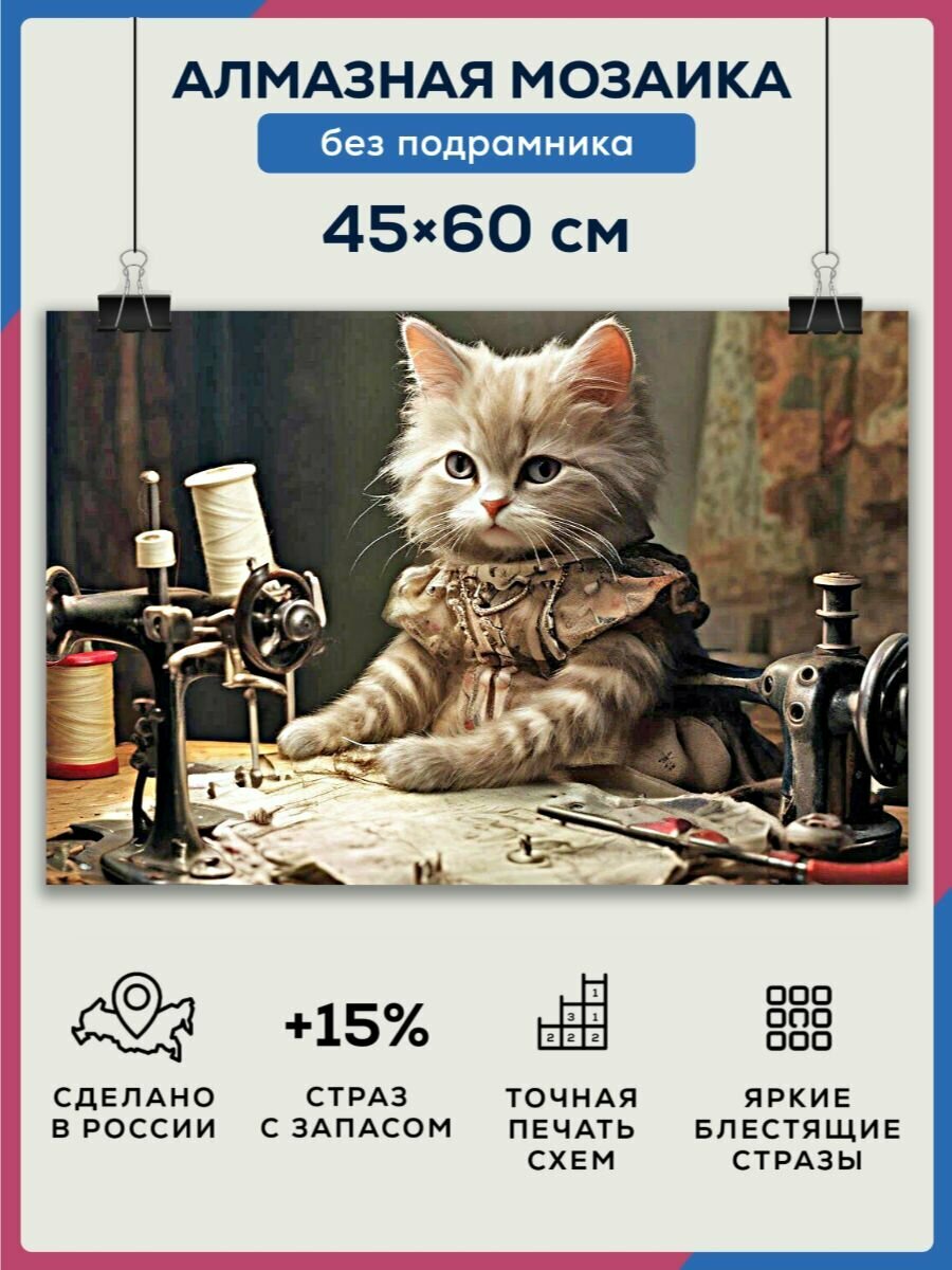Алмазная мозаика 45x60 Кошка Швея без подрамника
