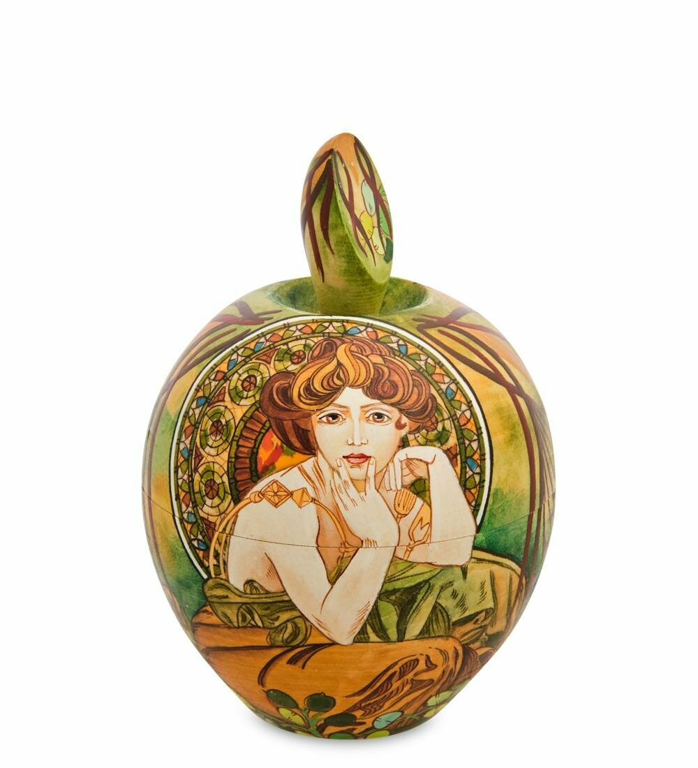 Шкатулка-яблоко "Альфонс Муха-Драгоценные камнию. Топаз" A2167807 Народные промыслы, Дерево липа, краски, лак
