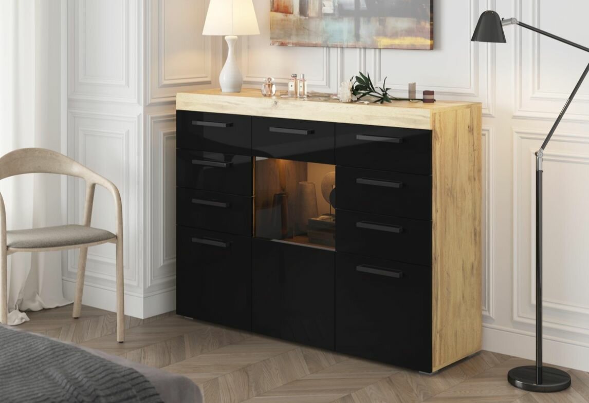 Комод Бастон Дуб Вотан/Черный глянец, с ящиками, ЛДСП/Стекло
