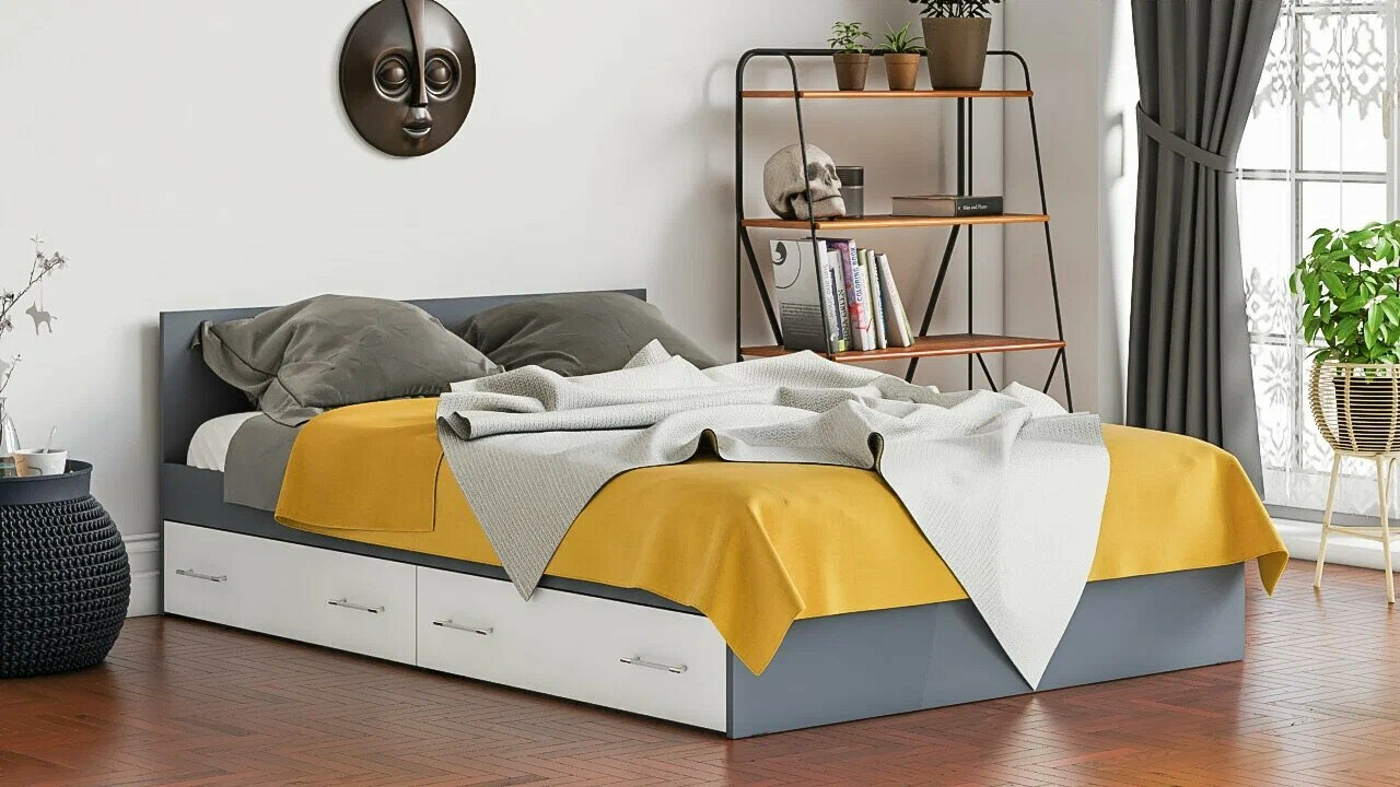 Кровать с ящиками СВК Мори 140х200 цвет графит / белый, с основанием, без матраса