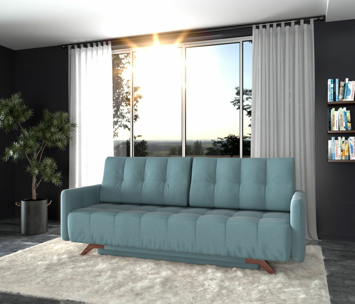 Диван-кровать DiHall "Бонн", прямой, ортопедический, голубой, еврокнижка, велюр