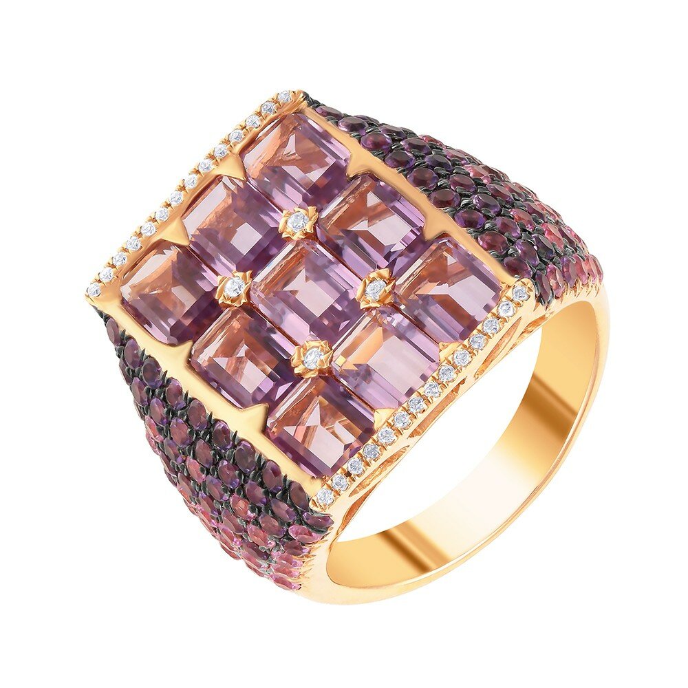 Кольцо, красное золото, 585 проба, бриллиант, сапфир, аметист